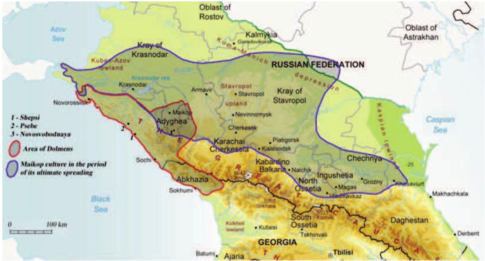 | map of the western caucasus. the dolmen shepsi (1) and