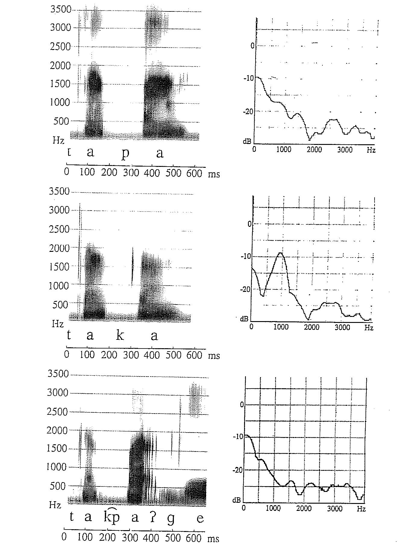 5 spectrograms and stop burst spectra of dedua words