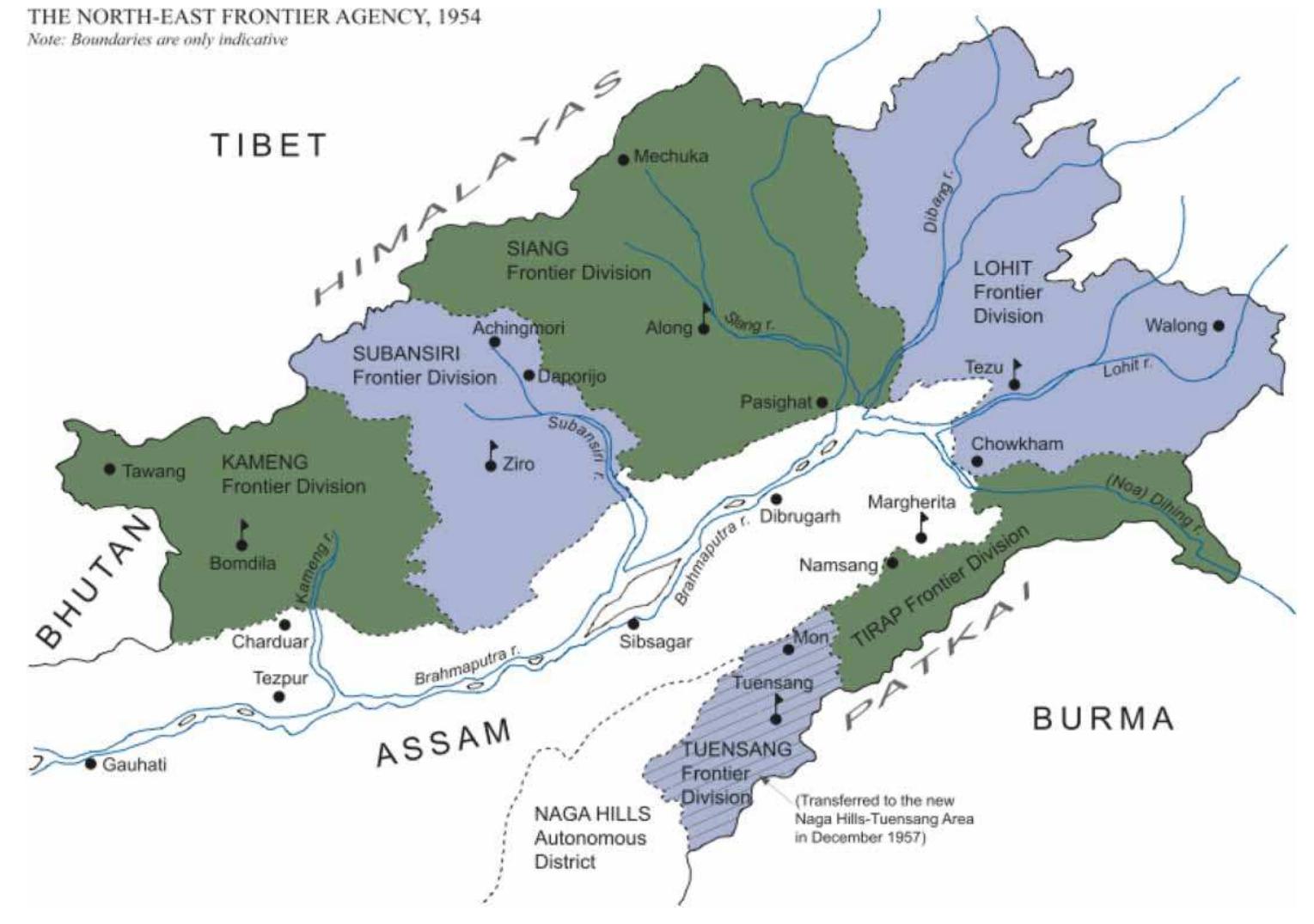 Administrative map of the north-east frontier agency (nefa).