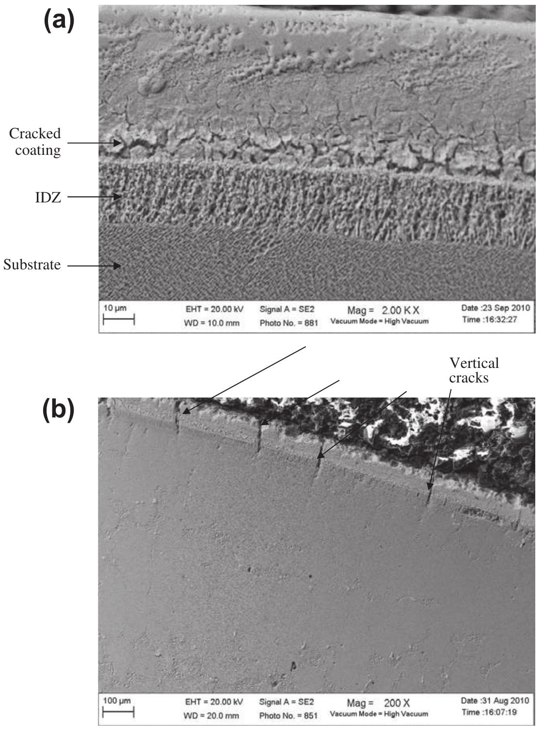 Cracked platinum aluminide microstructure; (a) horizontal