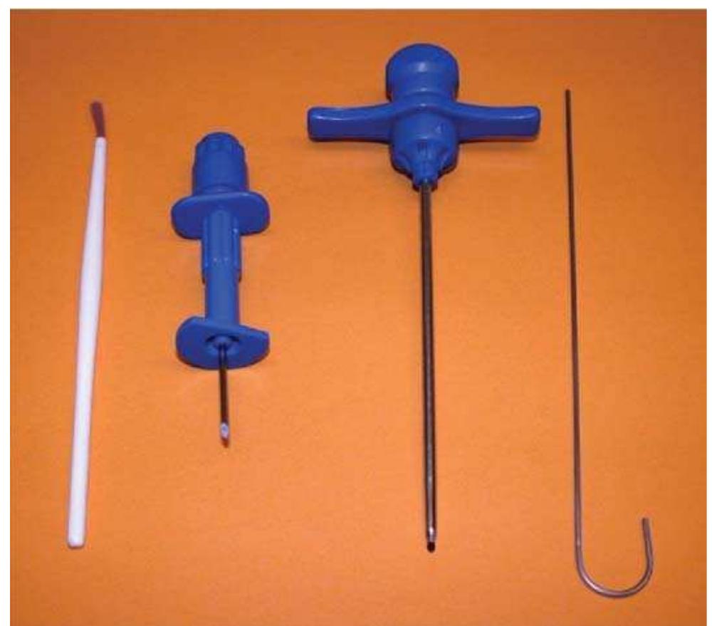Bone marrow biopsy equipment is shown. from left to right: