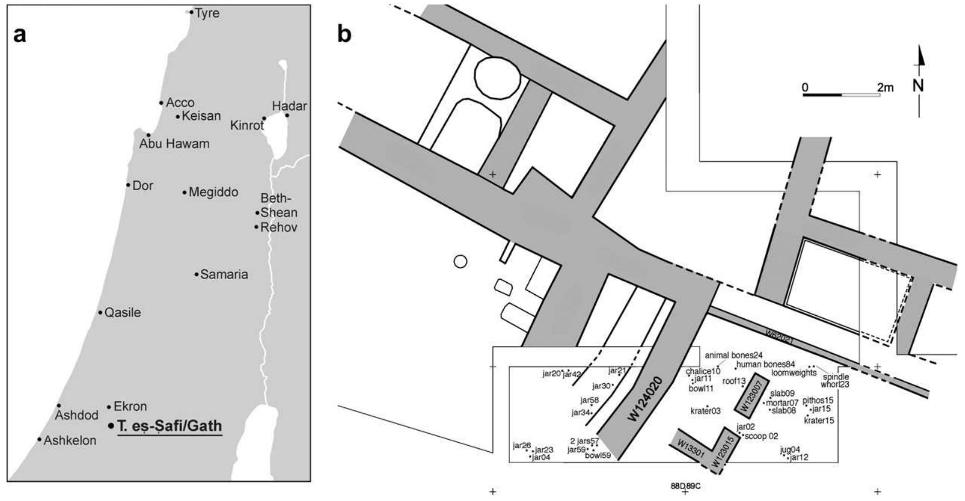 Map of a. tell es-safi/gath and of b. area and location of