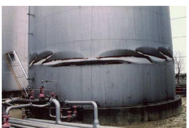 (d) diamond pattern buckling of tank wall