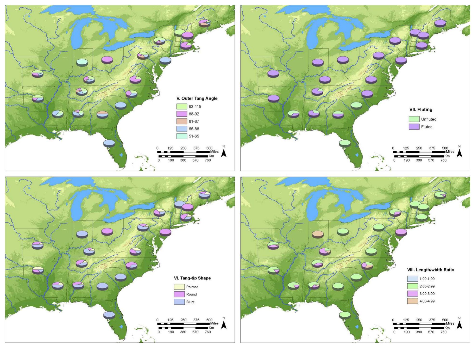 Geographic distributions of states of characters v-viii: