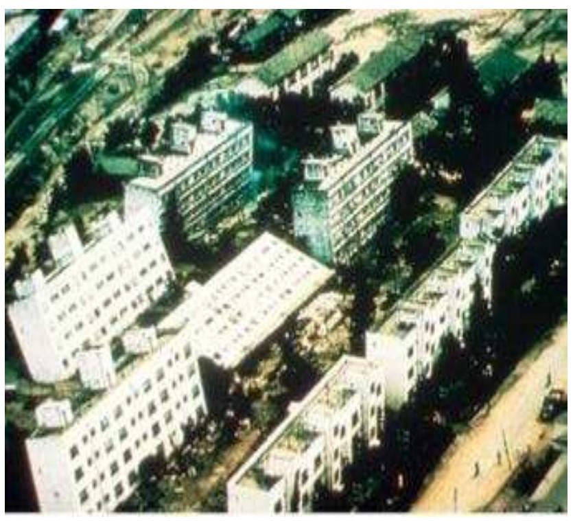 Overturning of building due to soil liquefaction