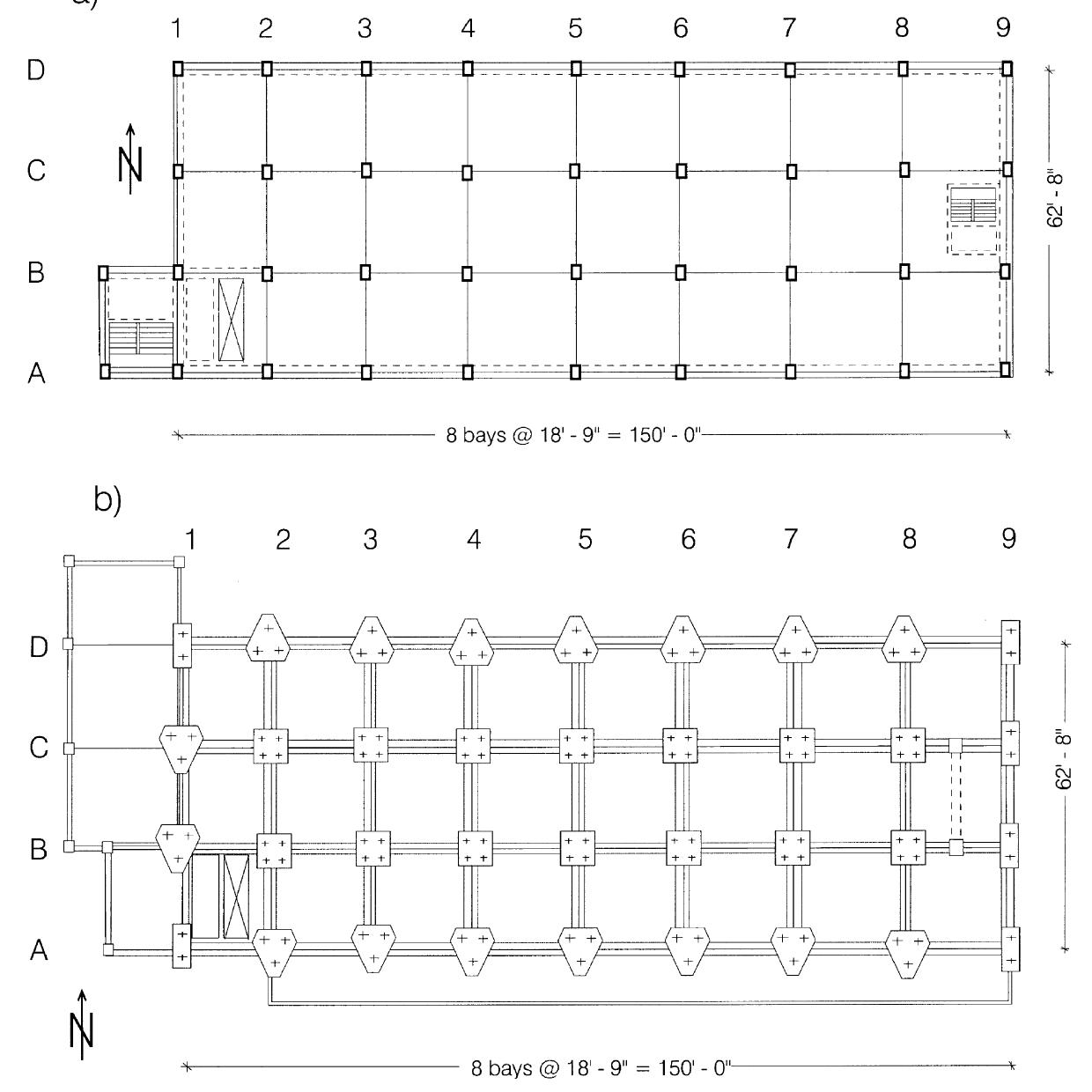 (a) typical floor plan; (b) foundation plan; (c) typical