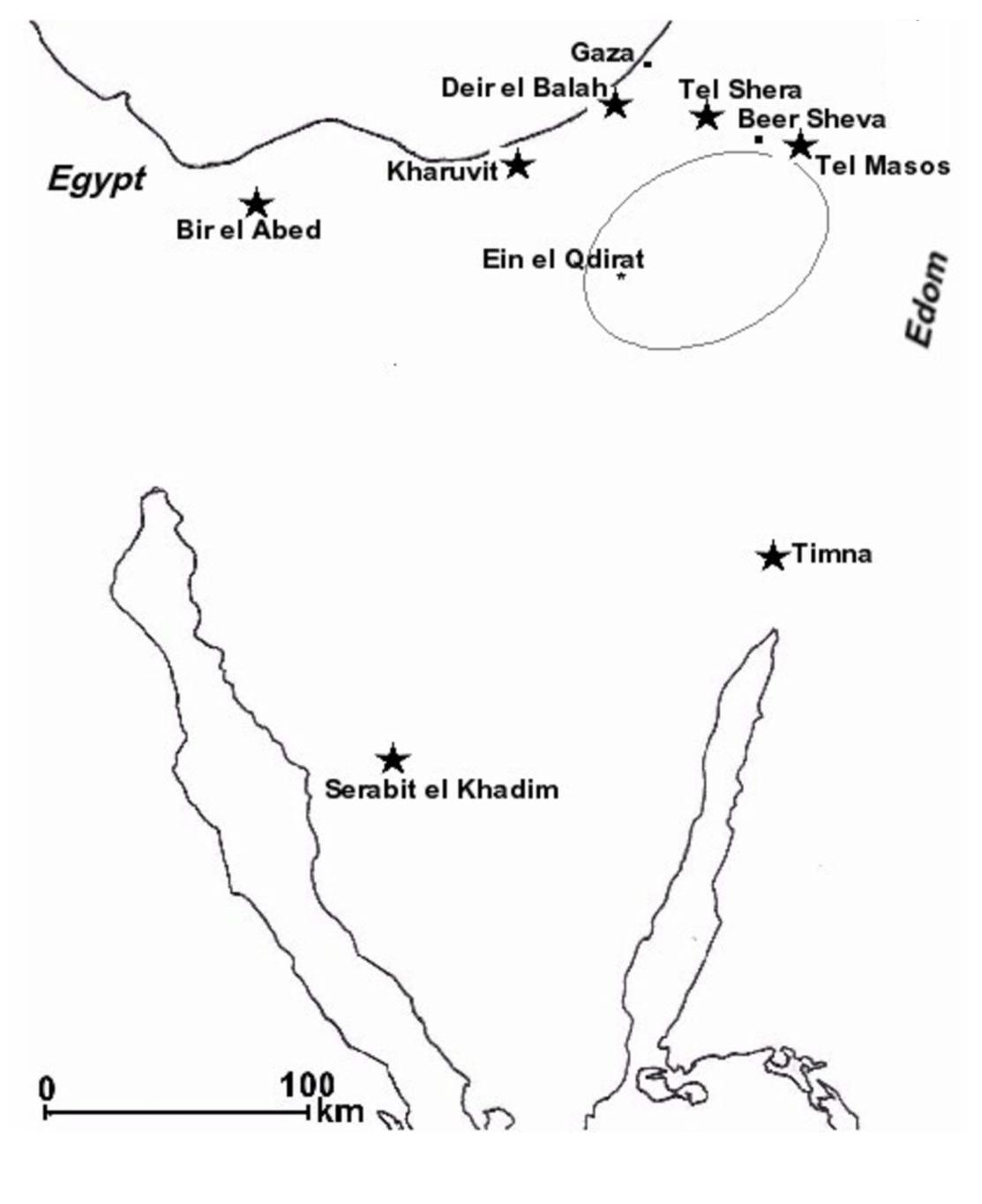 Map of the sinai and negev deserts. the stars represent