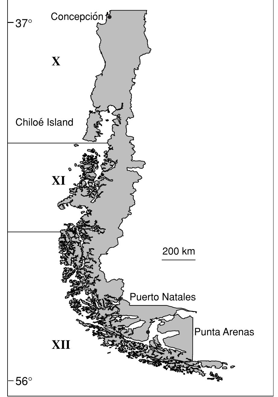 Map of southern chile showing boundaries of regions x to xii
