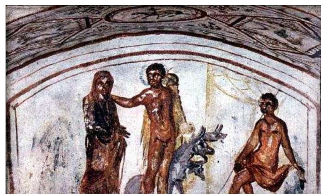 - alcestis beside hercules and ceberius. wall painting in