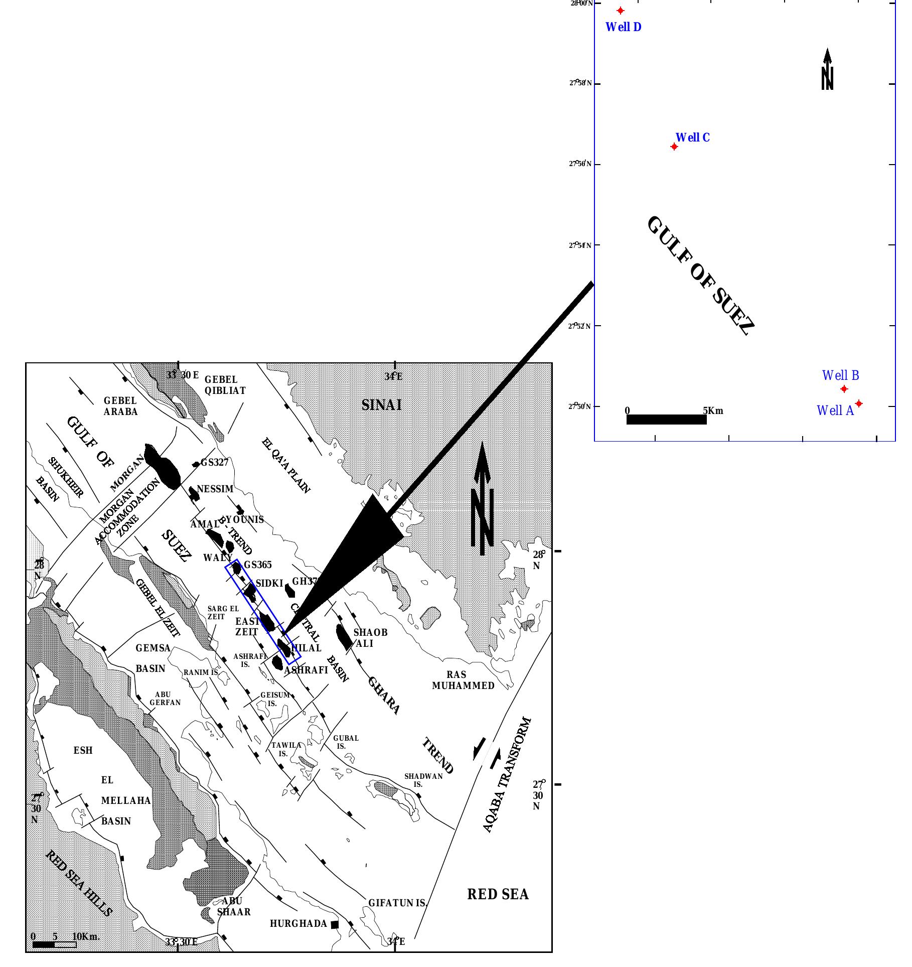 Location map of the study wells, showing the major