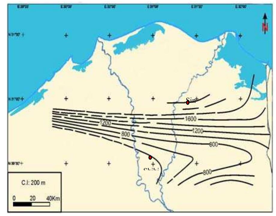 9: isopach contour map of the late cretaceous in nile delta