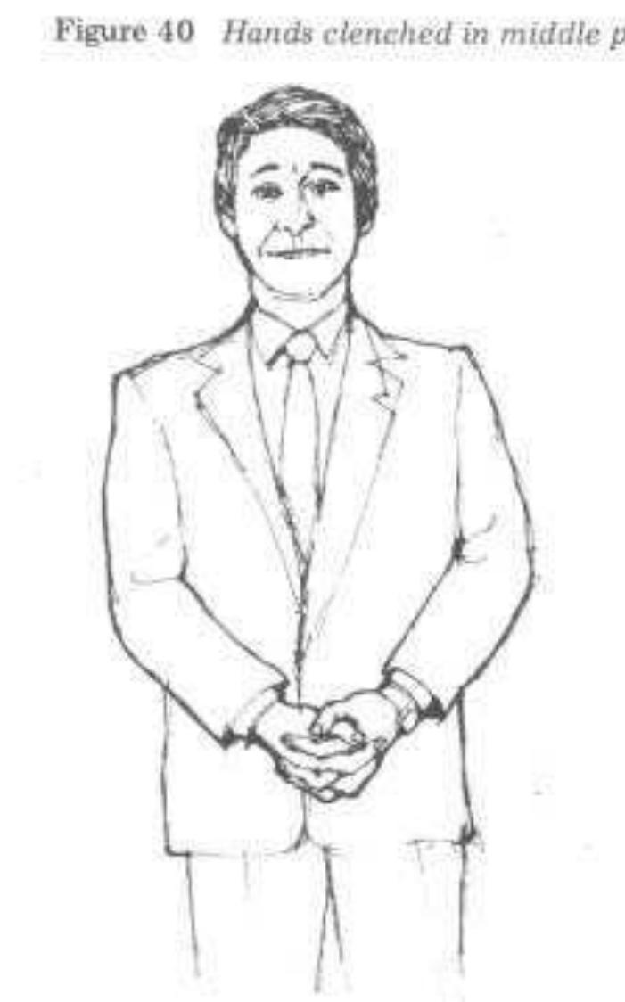 Hands clenched in lower position steepling hands