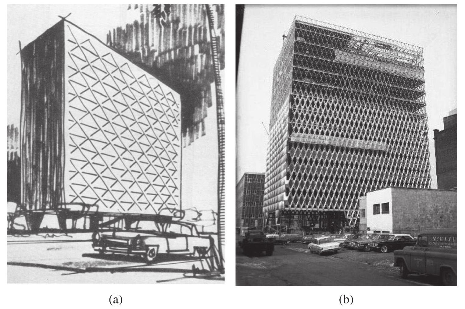 a) sketch of a proposed triangulated wall facade for