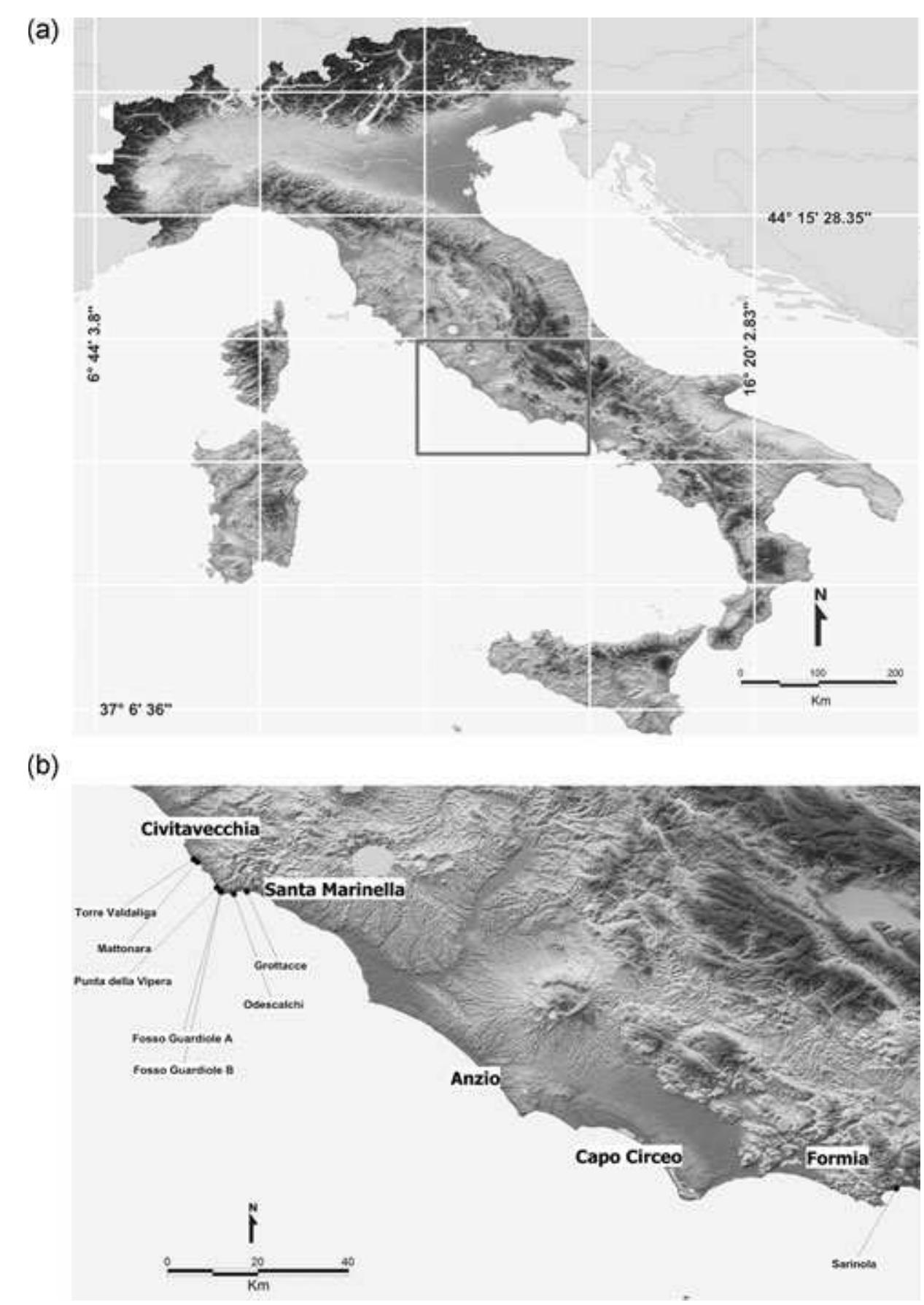 Rocks, capped by thin layers of panchina, plunging toward