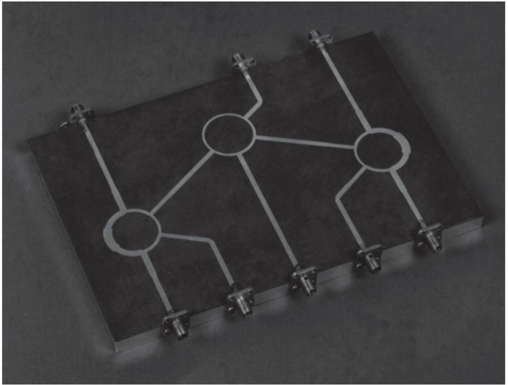 Photograph of a microstrip power divider network using three
