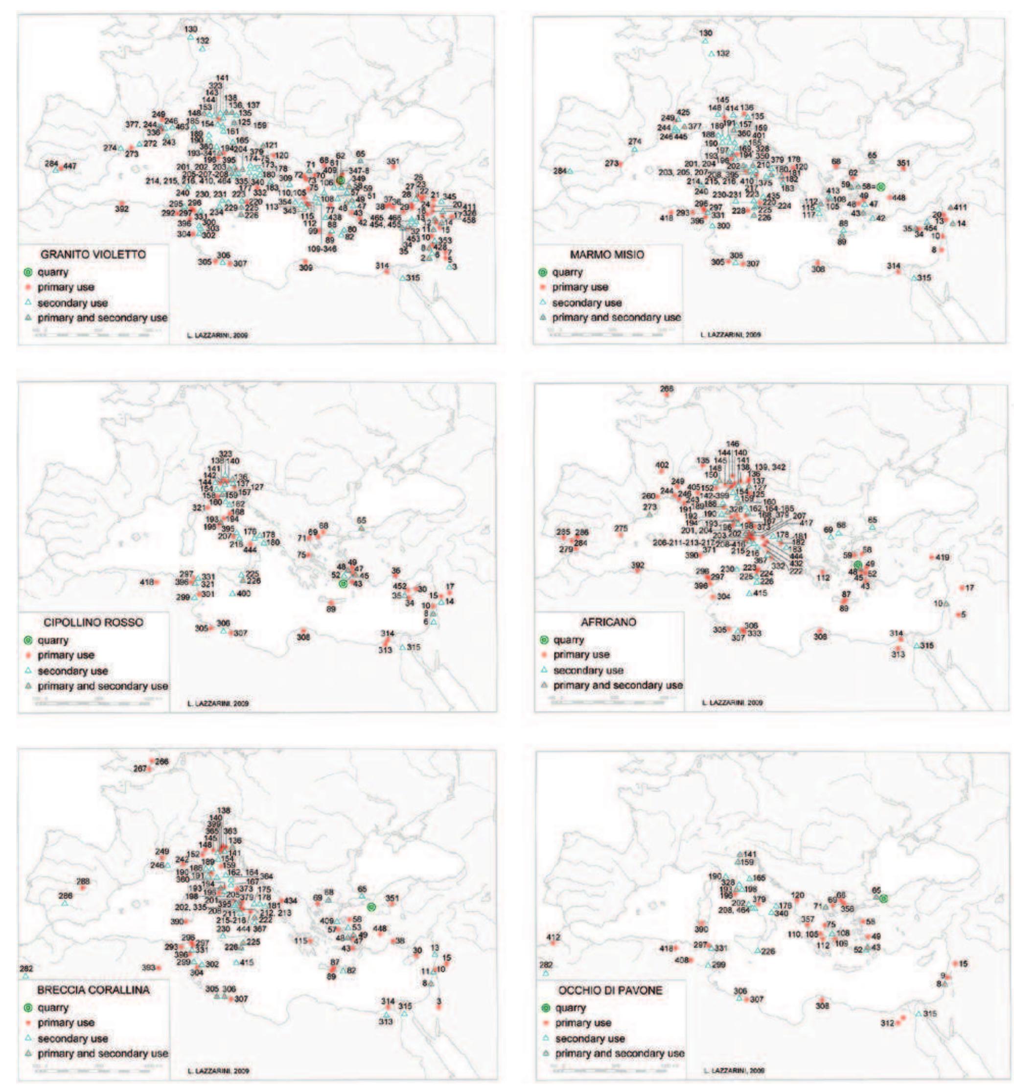 Maps of distribution of the six coloured stone types,
