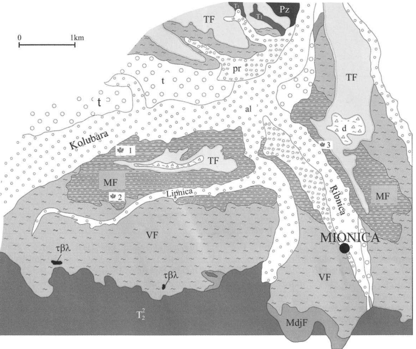 Geological map of the deposits in the valjevo-mionica basin.