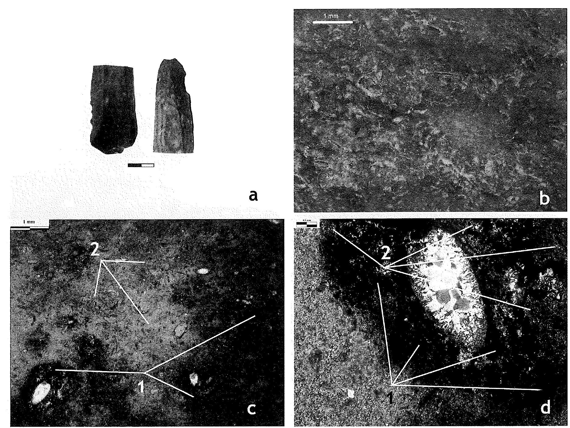 Thin section of chert sample altered by acid solution. a)