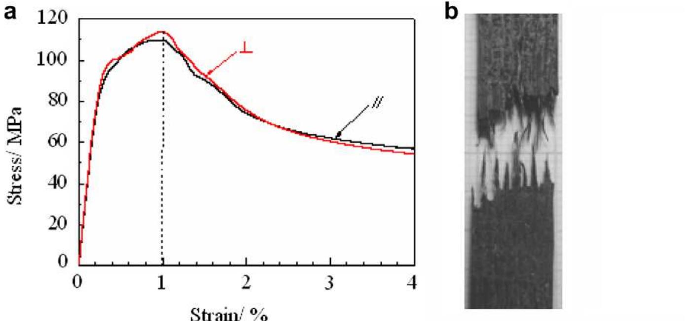 Tensile stress-strain curve and macroscopic fracture profile