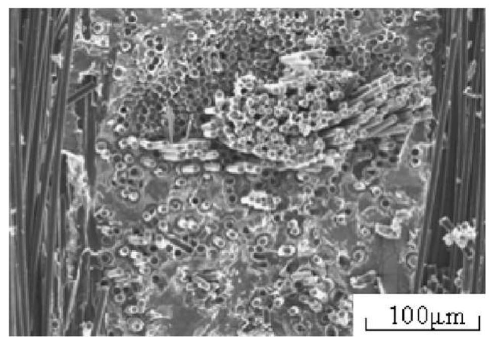 Sem micrograph of inter-laminar shear fracture morphology.
