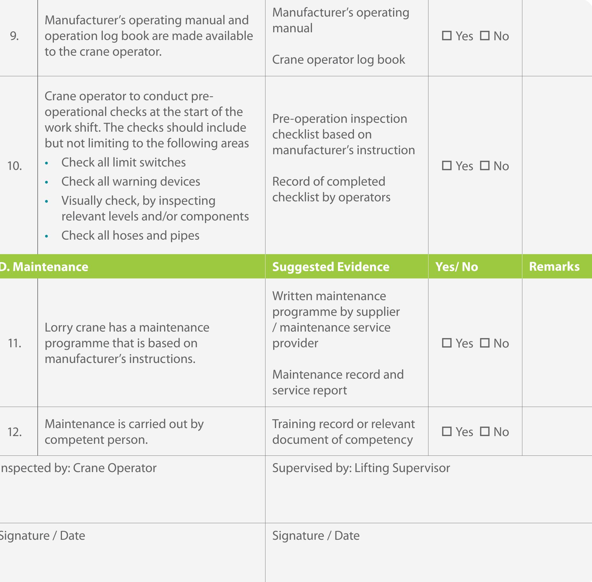 Table 9 - Lifting Plan General Risk Assessments and