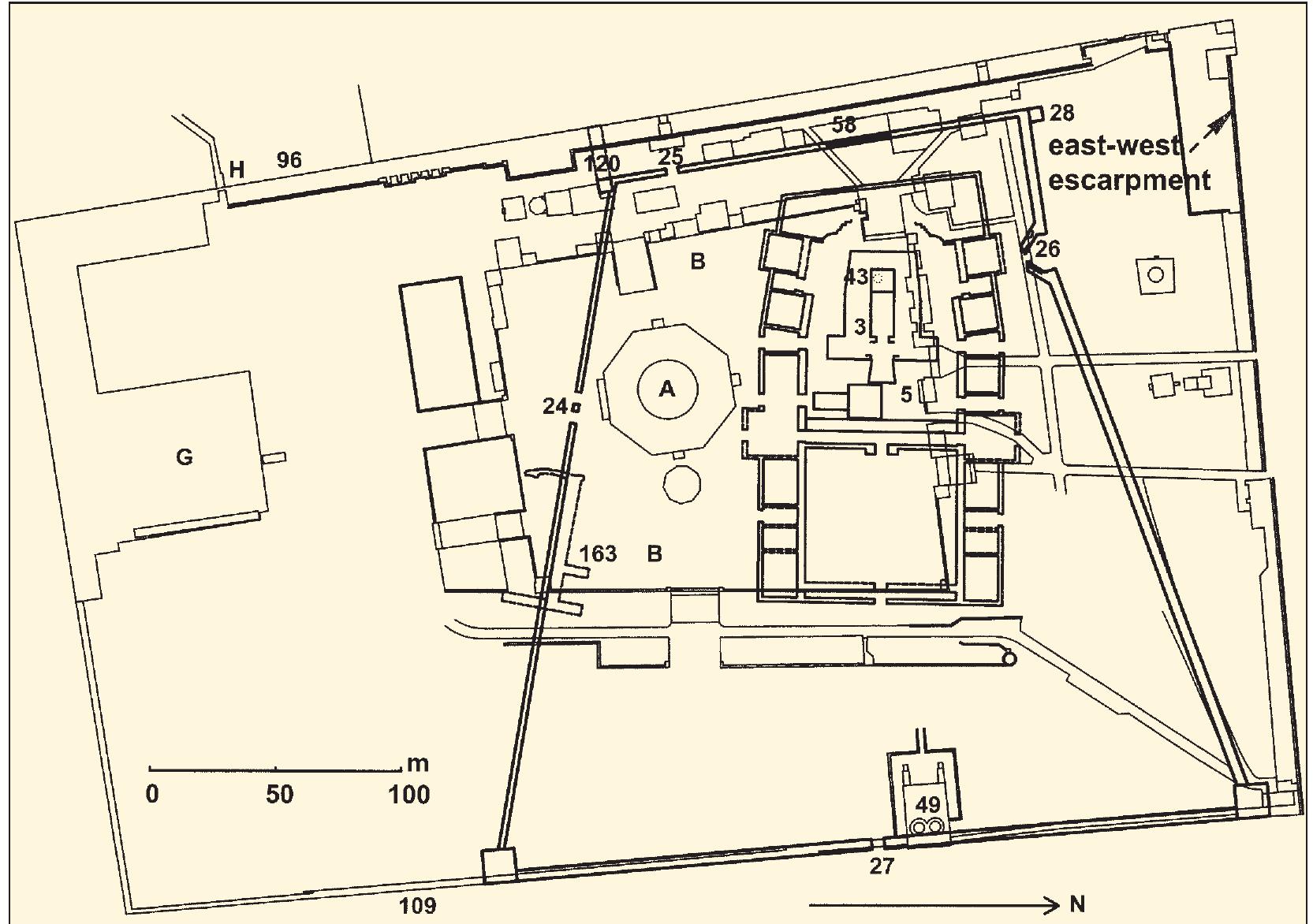 The temple precincts (in bold lines) superimposed on a map