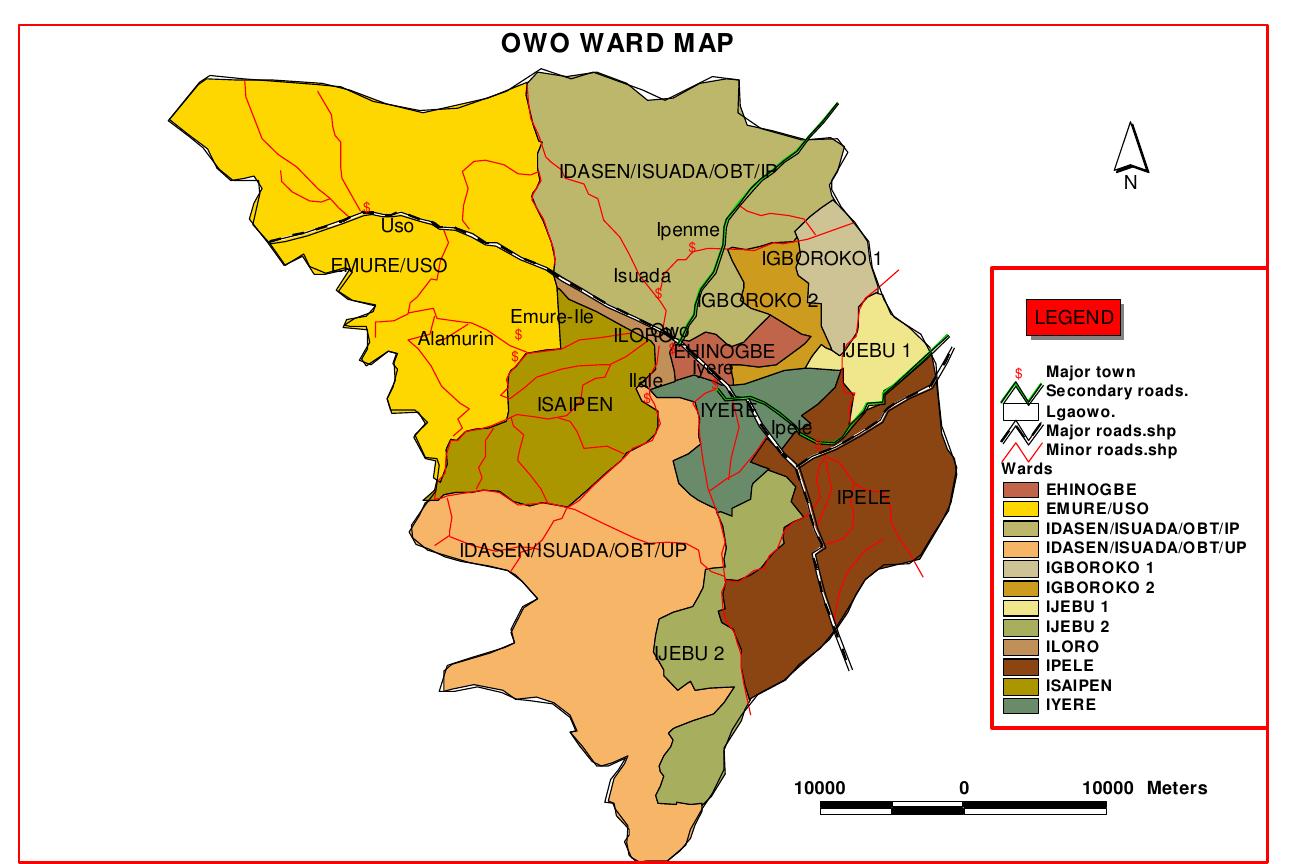 C: map of owo local government showing the eleven (11) wards