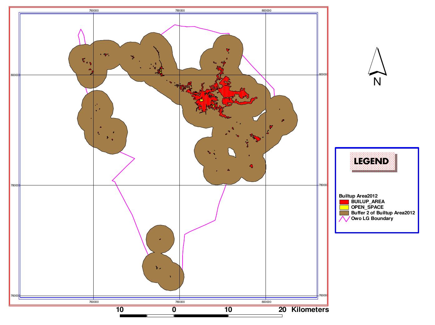 Buffered built-up area map of owo