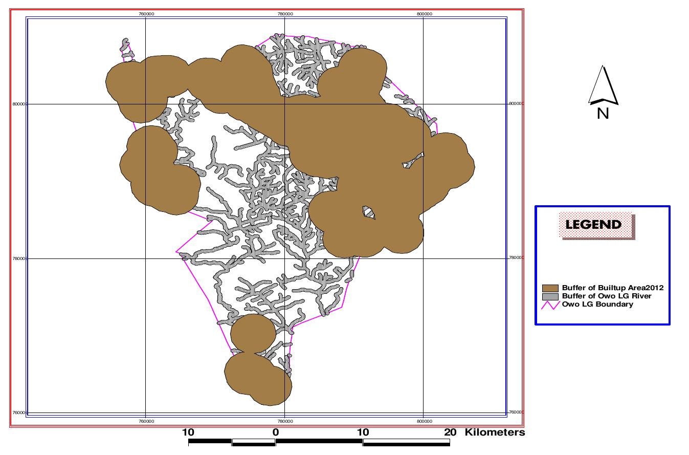 Map of owo lga showing overlay of built up and drainage