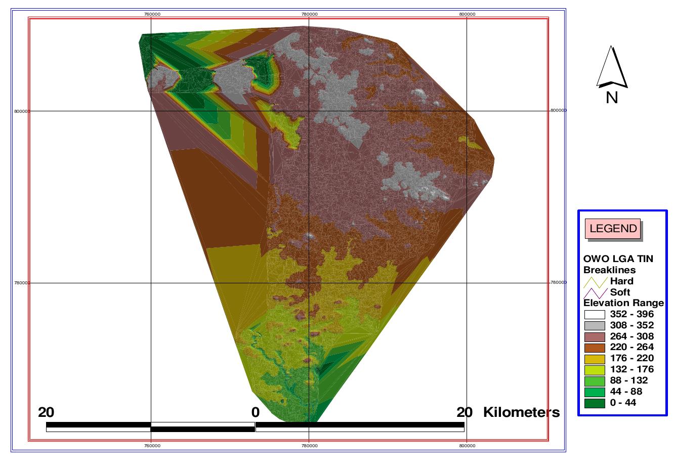 Triangulated irregular network map of the study area (tin)