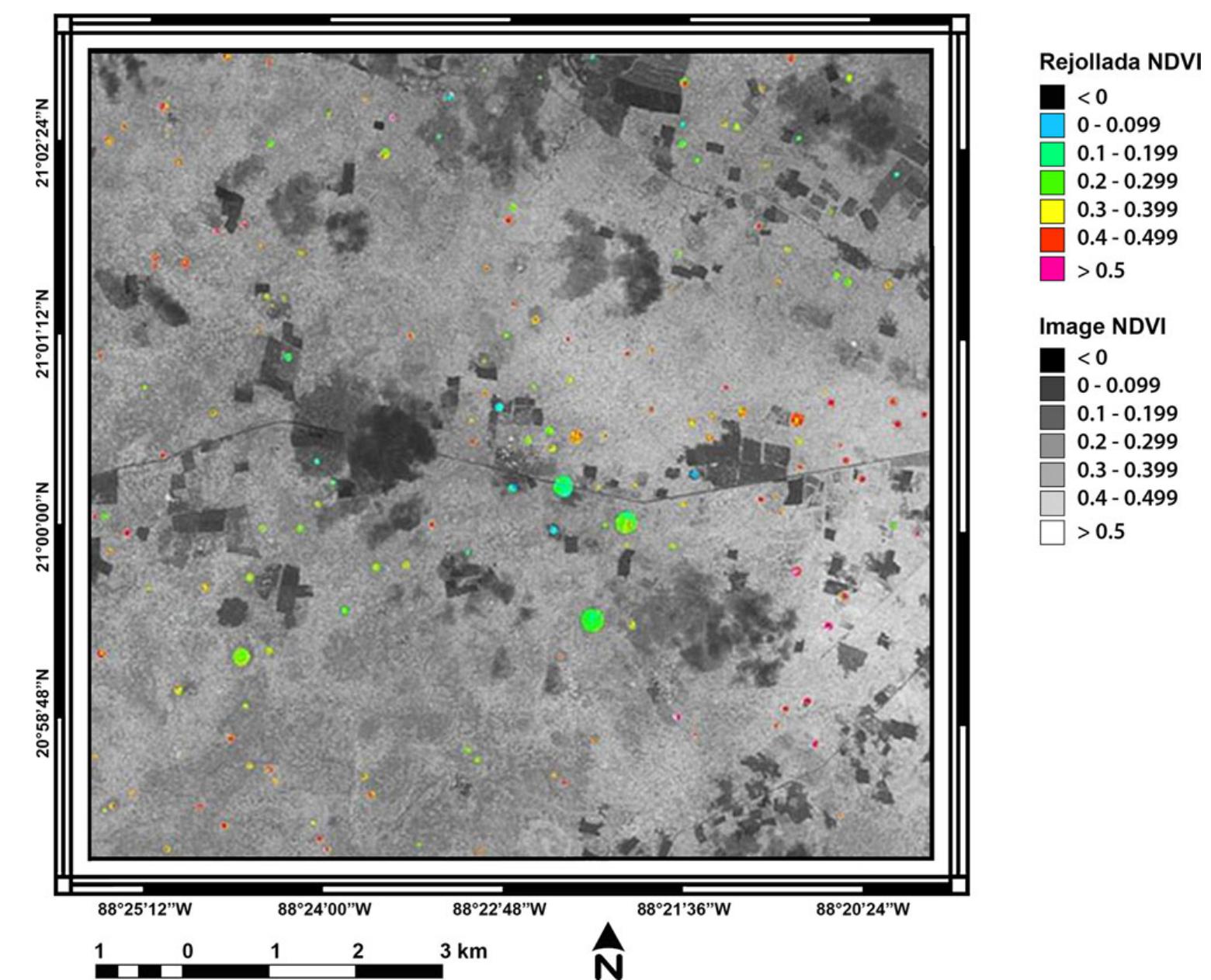Map of ndvi values across the entire 10 x 10 km area.