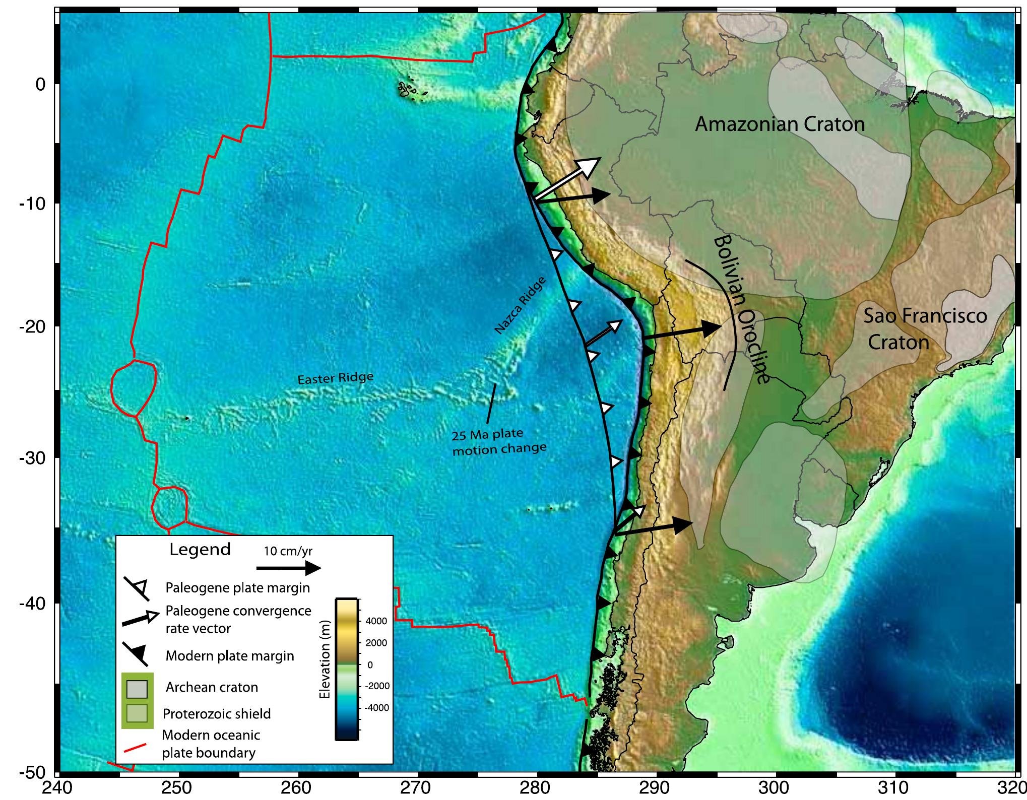Tectonic map of south america. the archean and proterozoic