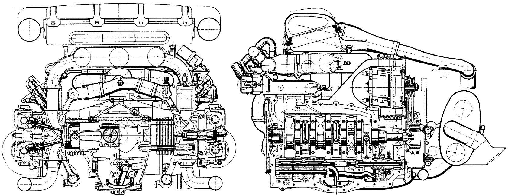 14. longitudinal and cross section of the flat-6-cylinder
