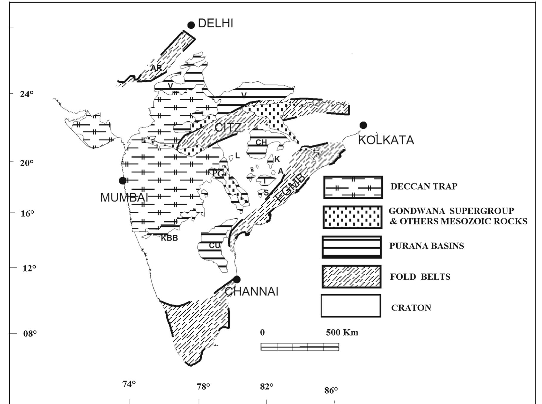 Geological map of the peninsular india showing the purana