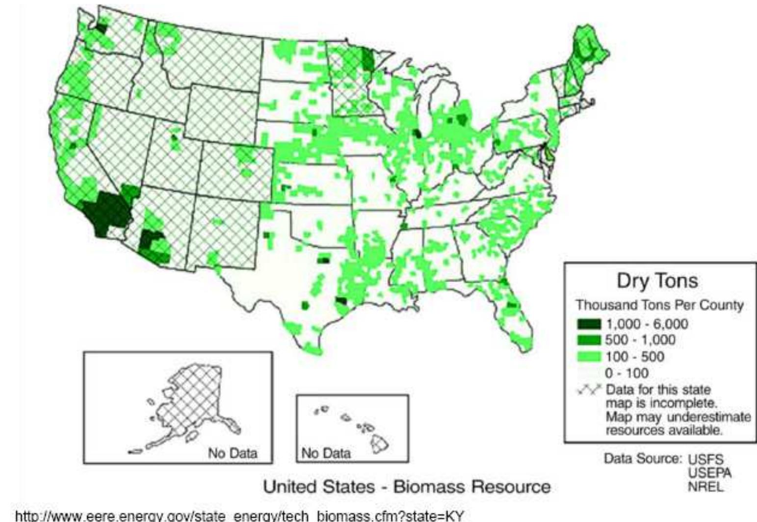 Map of us biomass resource (dry tons per county).