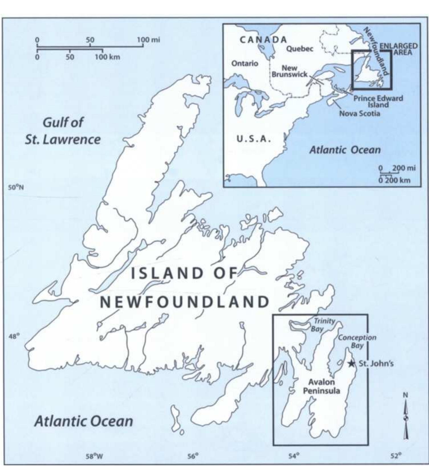 Map of the island of newfoundland with inset map showing the