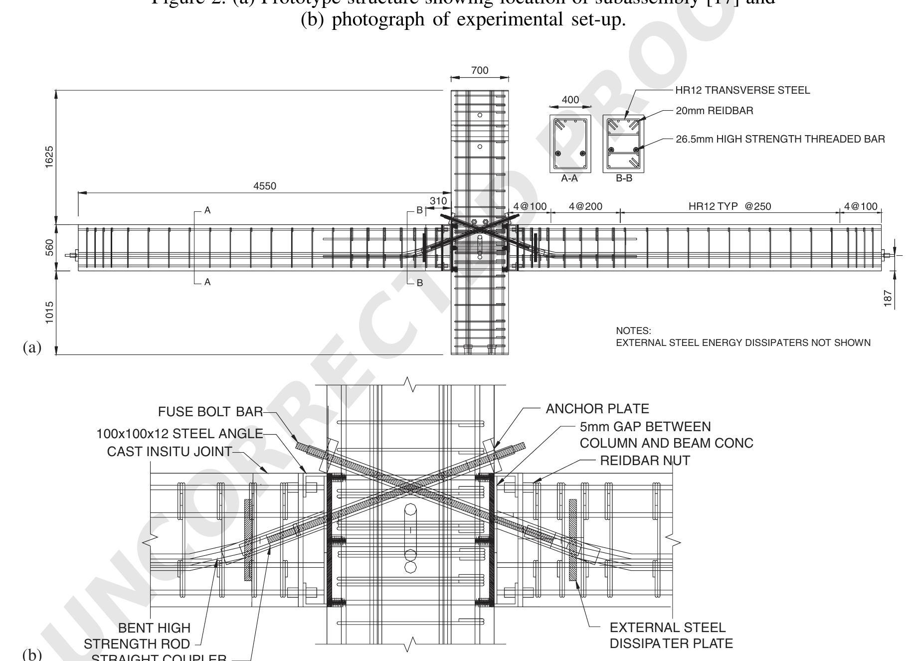 (a) elevation of the seismic beams and column and (b)