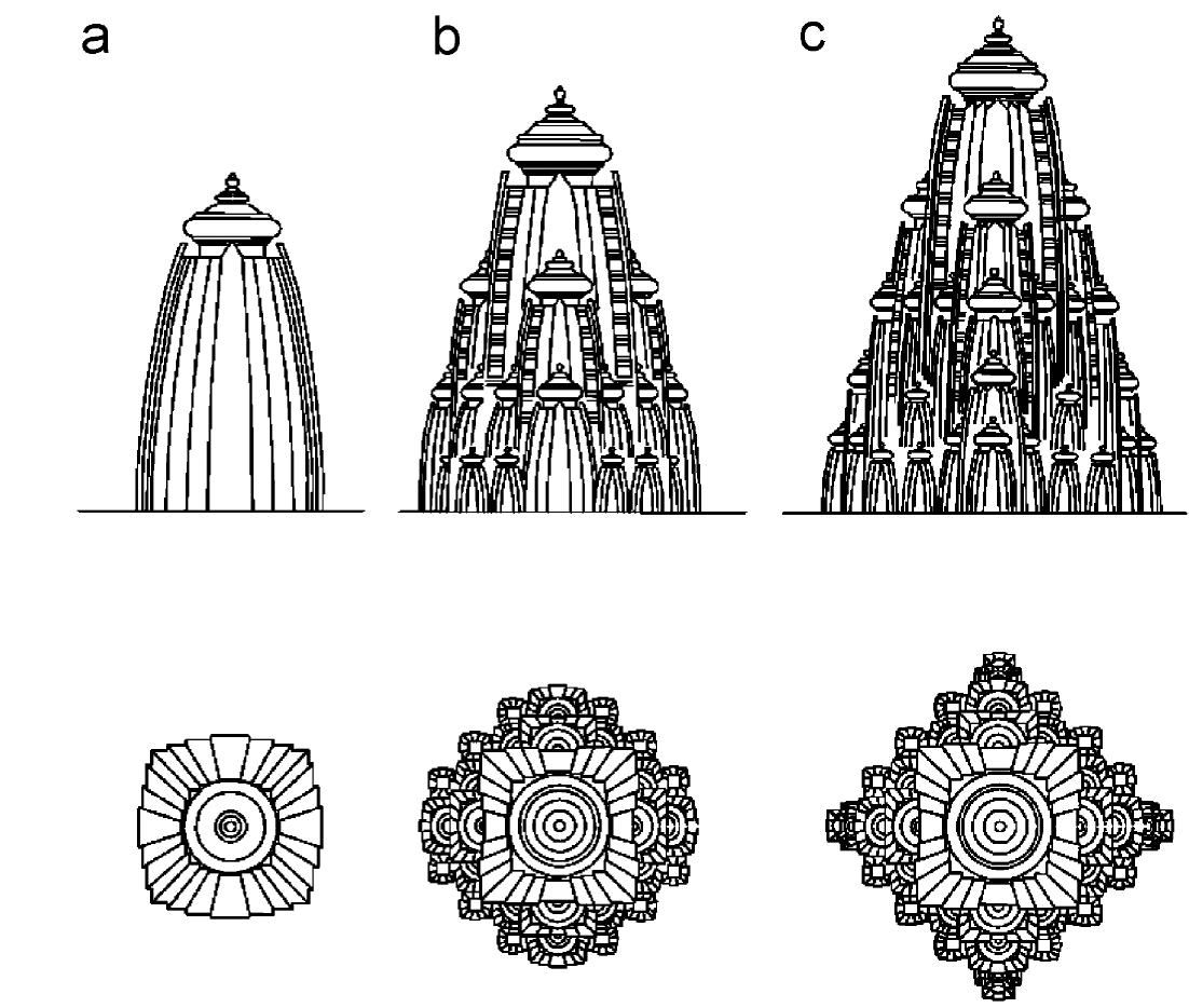 Elevations and plans of: (a) shikhara of adinatha temple