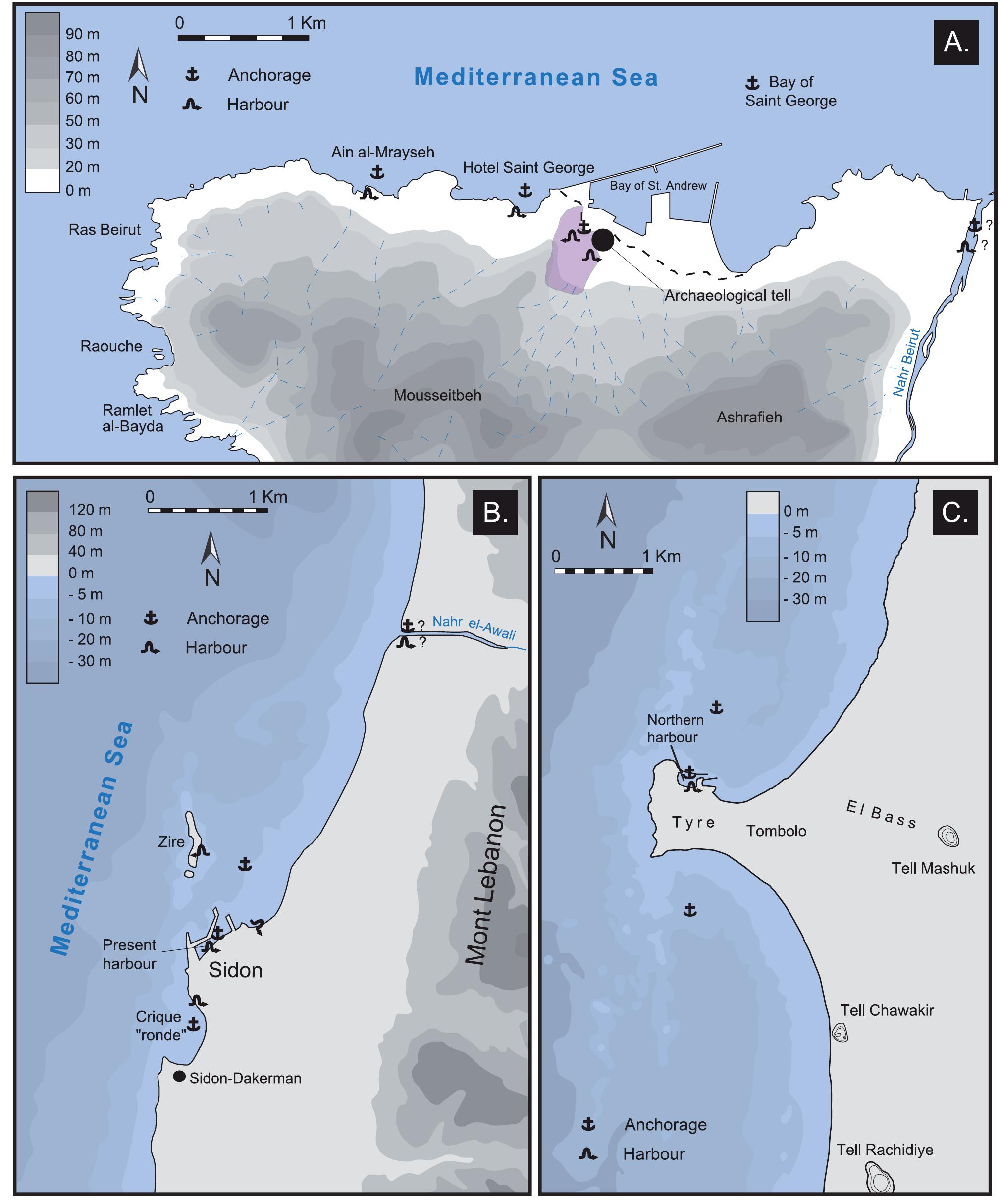 | location maps of (a) beirut; (b) sidon; and (c) tyre