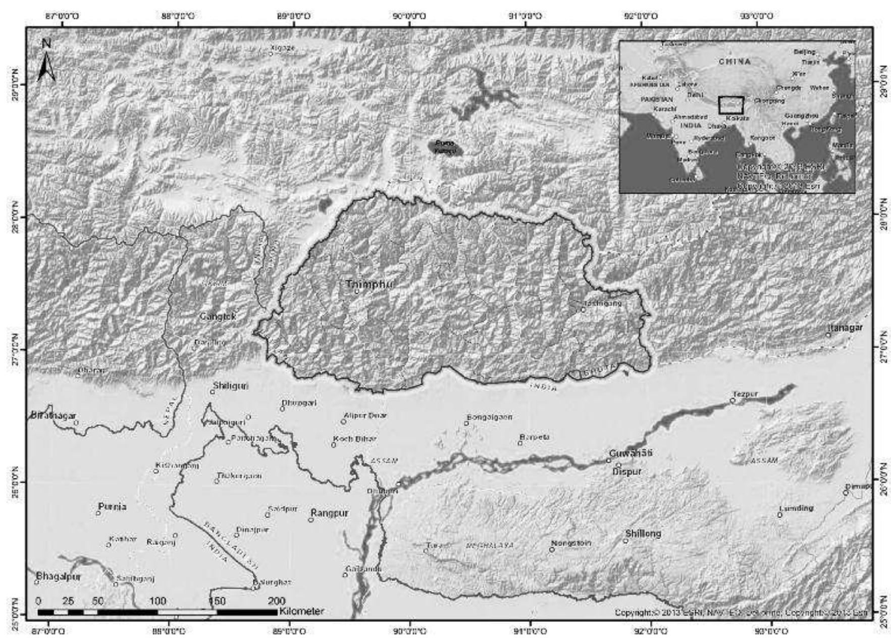 Map of bhutan (data source: © esri 2013;