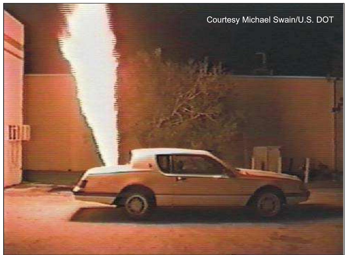 -9 hydrogen flame from ruptured fuel cylinder gasoline forms