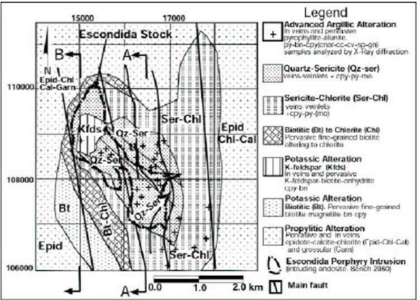 Plan view showing dominant hypogene alteration mineral of