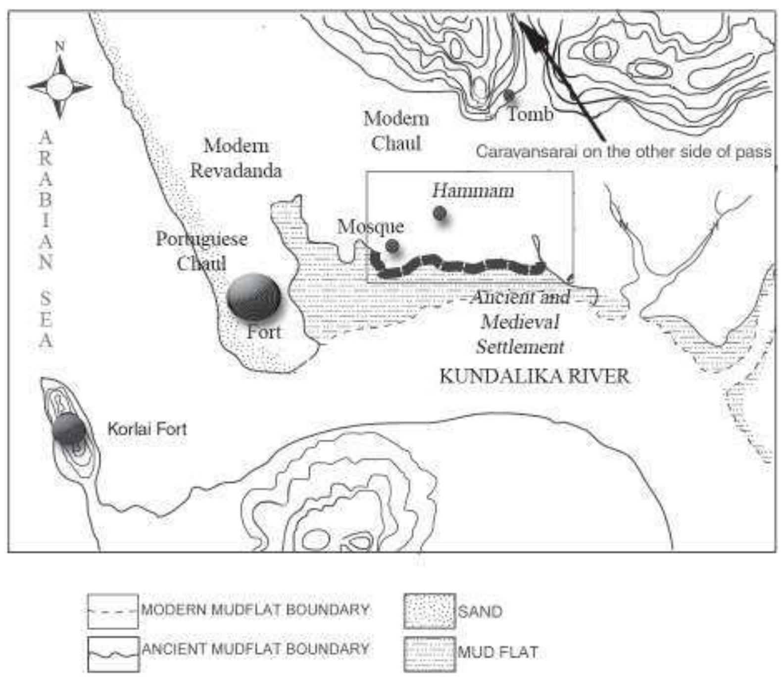1 map showing medieval chaul with the location of its extant