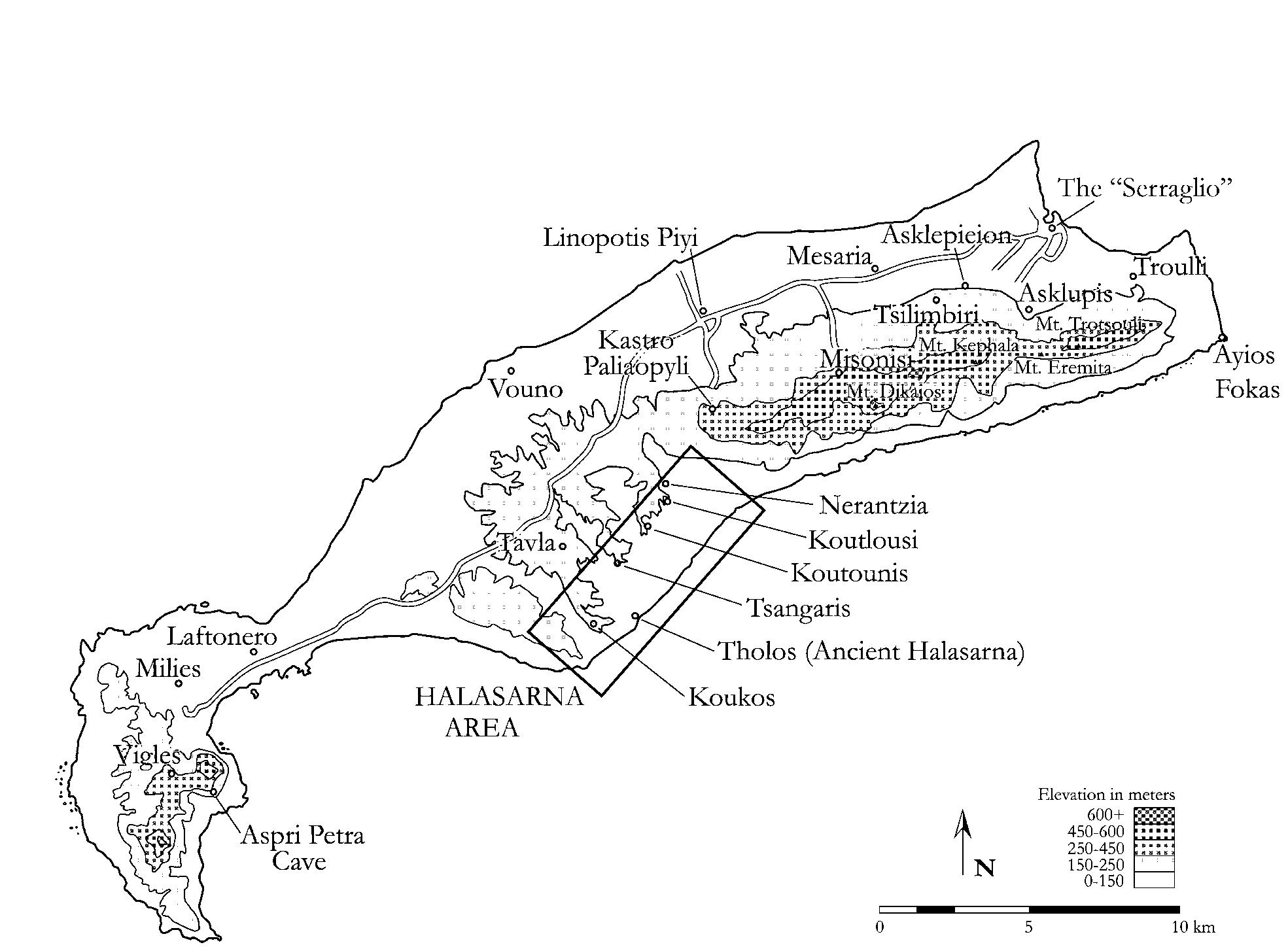 Schematic map of kos including the main eba sites mentioned