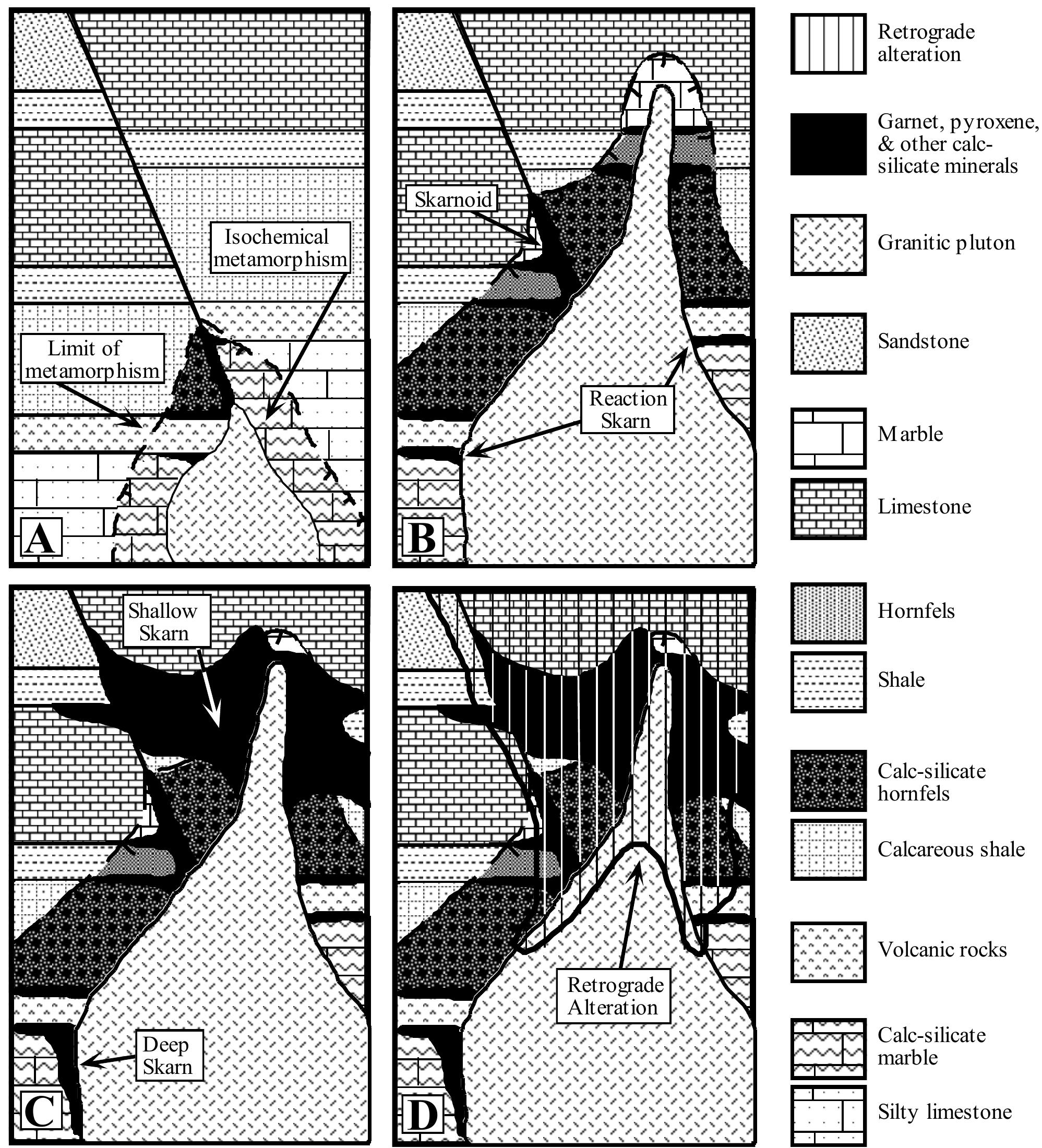 Evolutionary stages of pluton-associated skarn deposits: a)