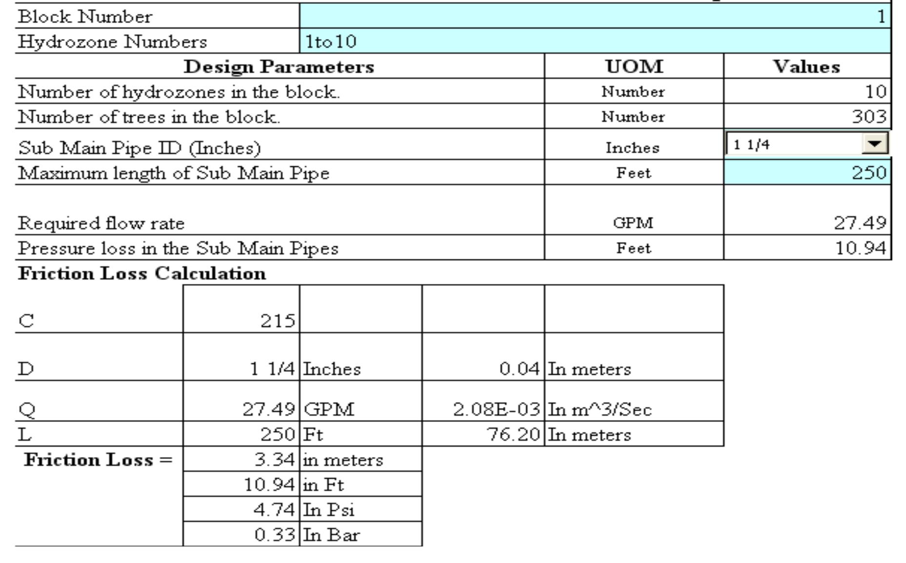 Shows the friction loss calculation for main pipe for system