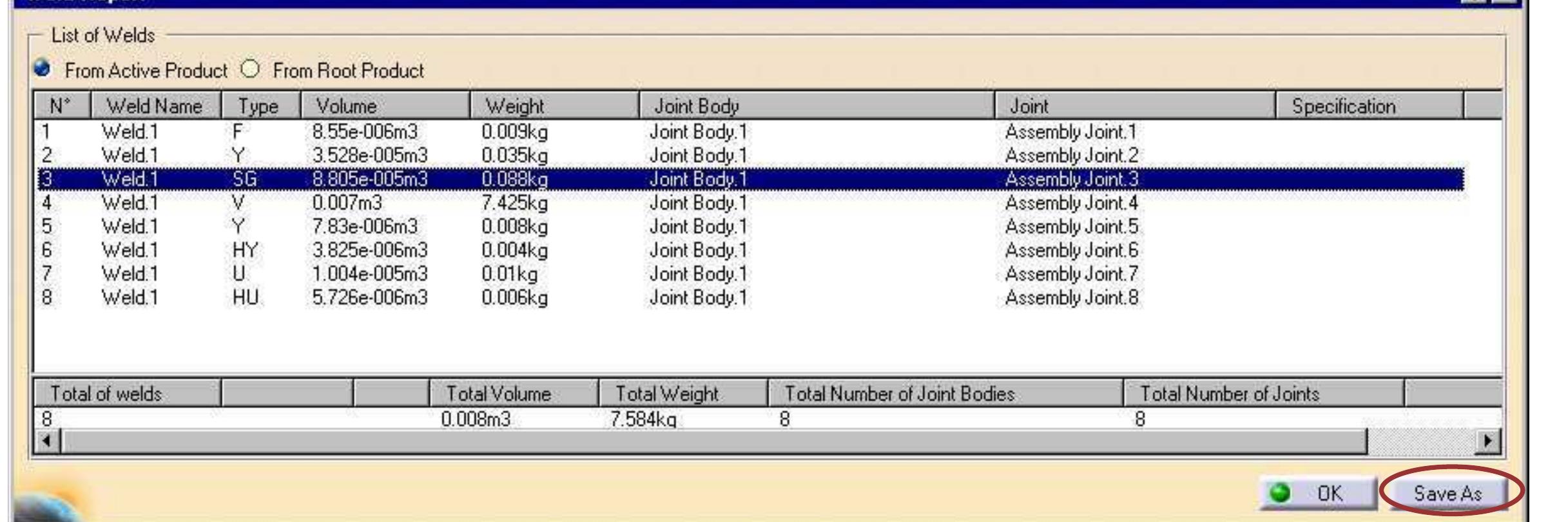 Table 1 - Weld Design CATIA V5