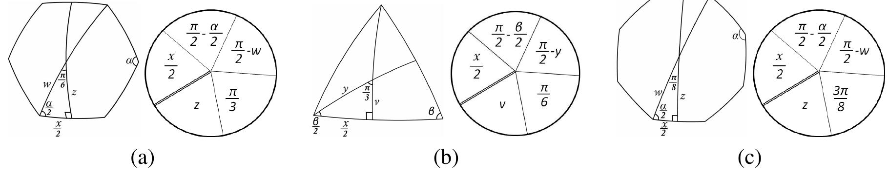 Right triangles on three spherical polygons and