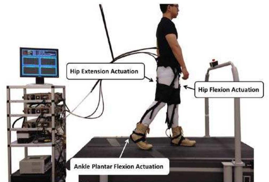 Multi-joint actuation platform with ankle and hip soft