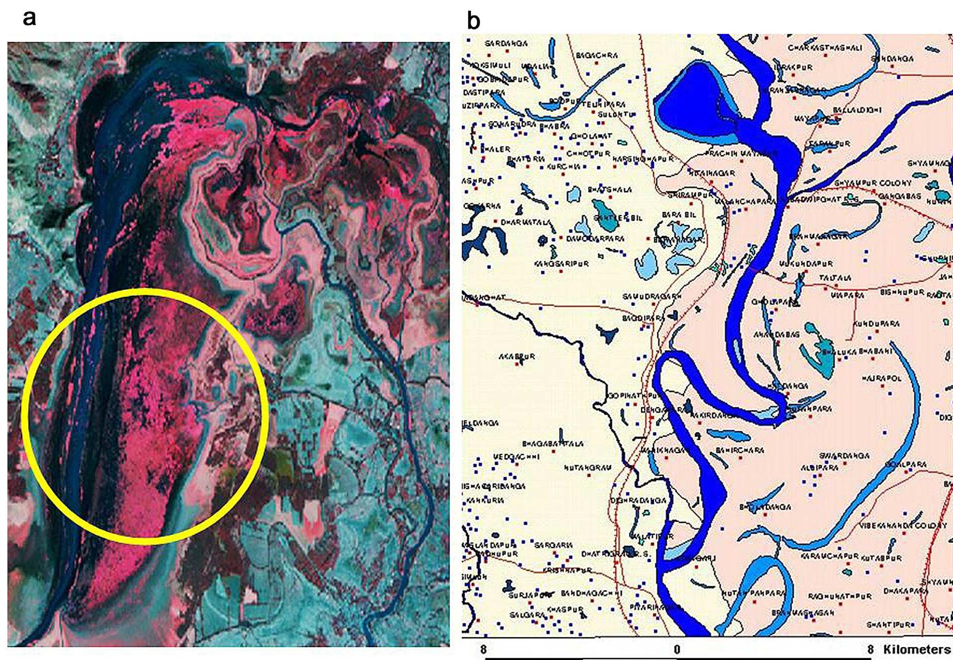 A: aquatic vegetation; b: a typical wetland map (legend same
